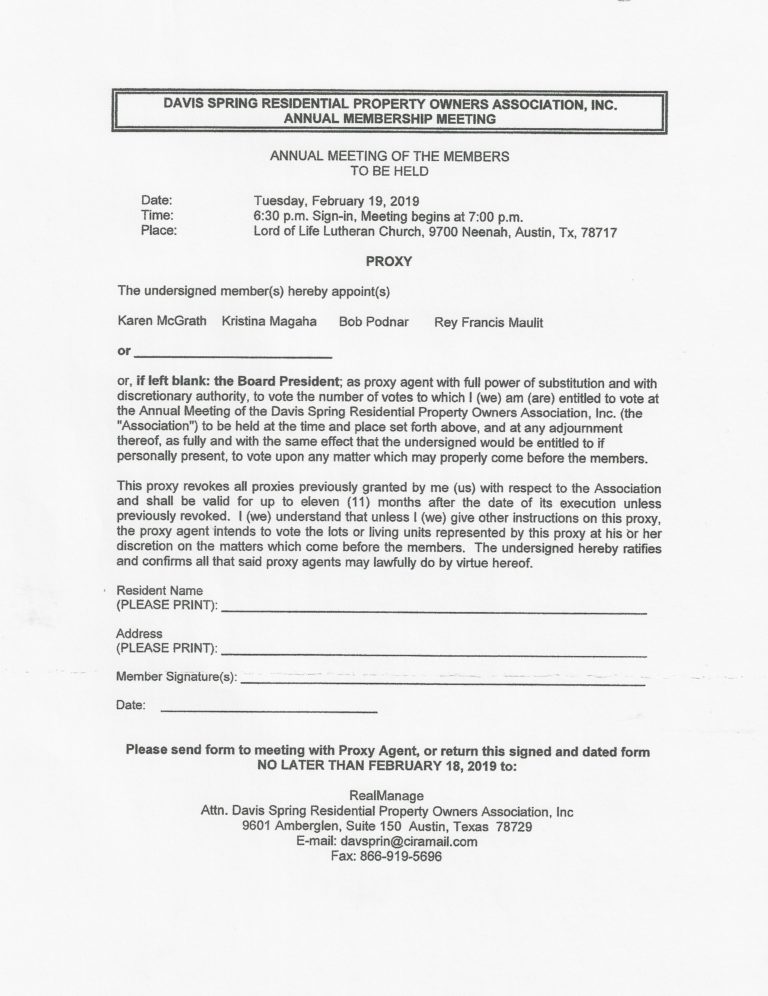 2019 Proxy Form - Davis Spring HOA